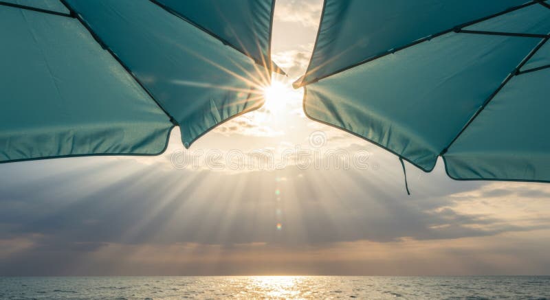 Teal Umbrella Sun Rays Ocean Sunset Stock Illustration - Illustration ...