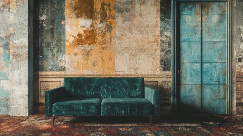 Teal Velvet Sofa in a Distressed Room Stock Illustration - Illustration ...