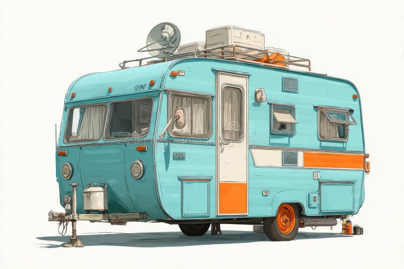 Teal Vintage Camper Van Illustration with Cat Stock Illustration ...