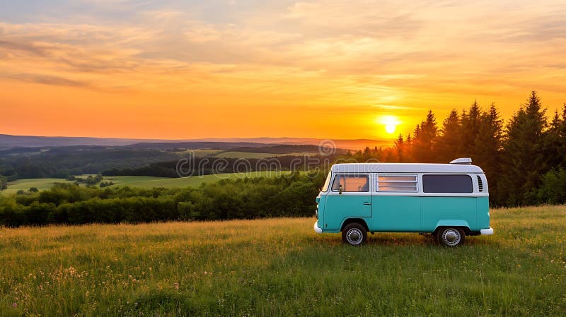 Teal Vintage Van Parked in a Green Field at Sunset Stock Illustration ...