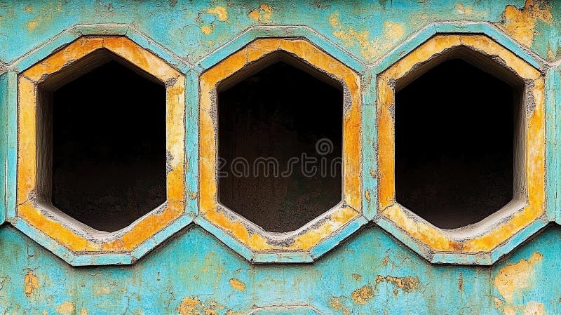 Teal Wall, Three Octagonal Windows, Weathered Paint, Asian Architecture ...