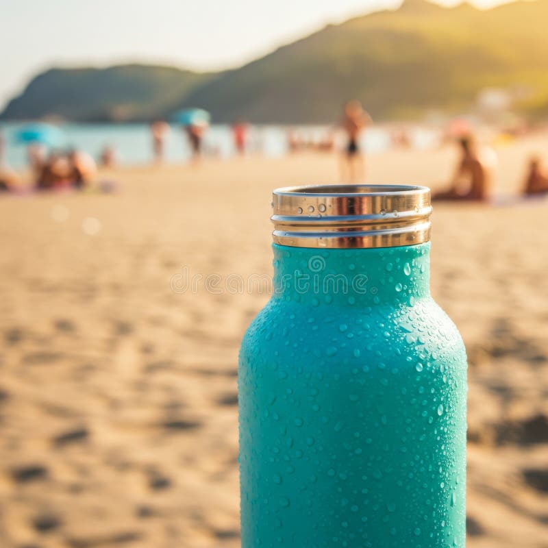 Teal Water Bottle on Sandy Beach with People in Background Stock ...