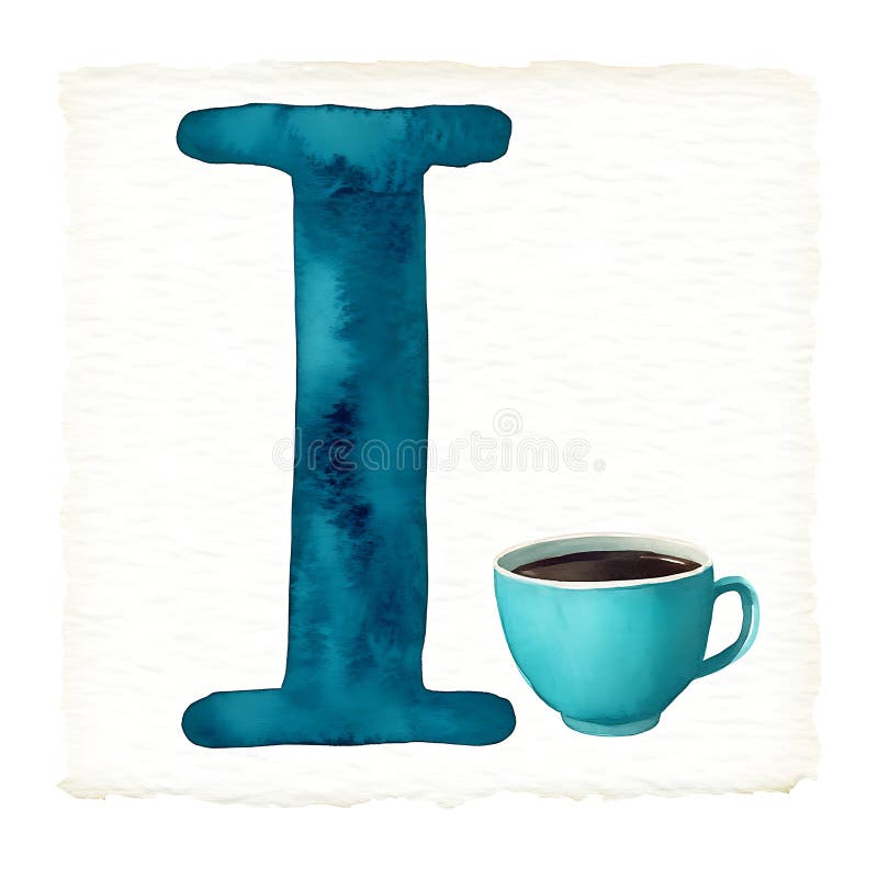 Teal Watercolor Letter I with Coffee Cup on Textured Background Stock ...