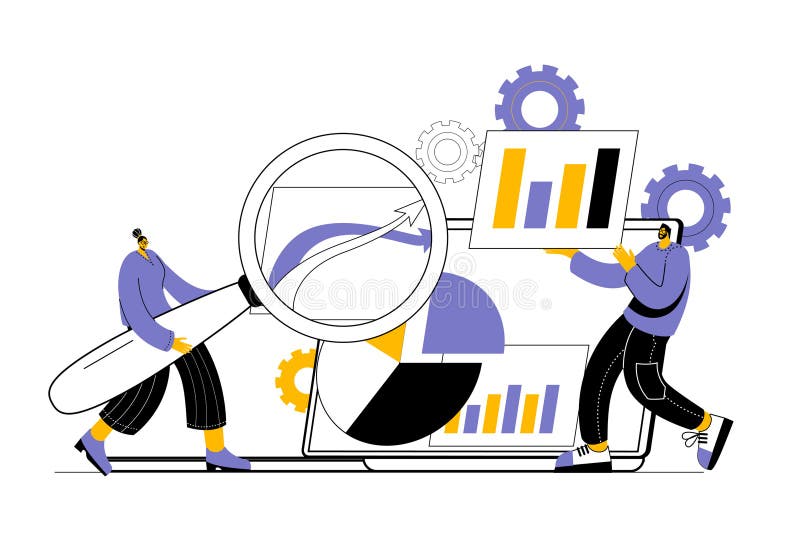 A Team of Analysts Works with Data in the Form of Various Graphs on a Laptop. Stock Vector ...