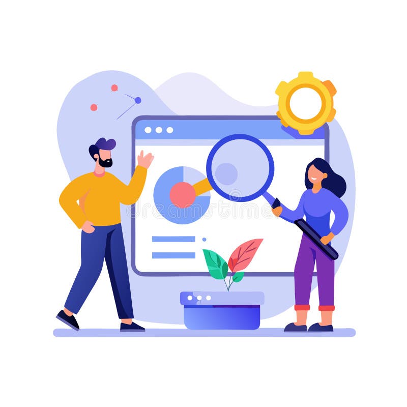 Team Analyzes Data on Screen with Magnifying Glass and Gear, Flat ...