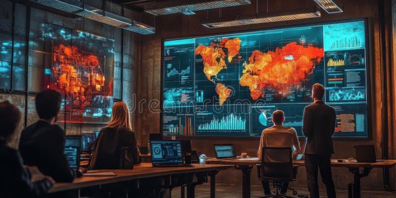 Team Analyzes Global Data on Screen in Office. Global Data Analysis ...