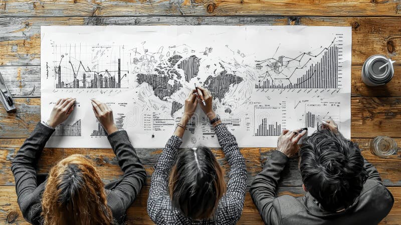 Team Analyzing Charts and Graphs on a Large Paper Document Stock ...