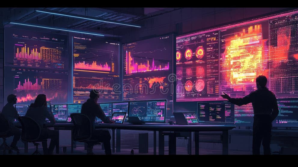 Team Analyzing Data in a High-tech Command Center with Multiple Screens and Visual Analytics ...