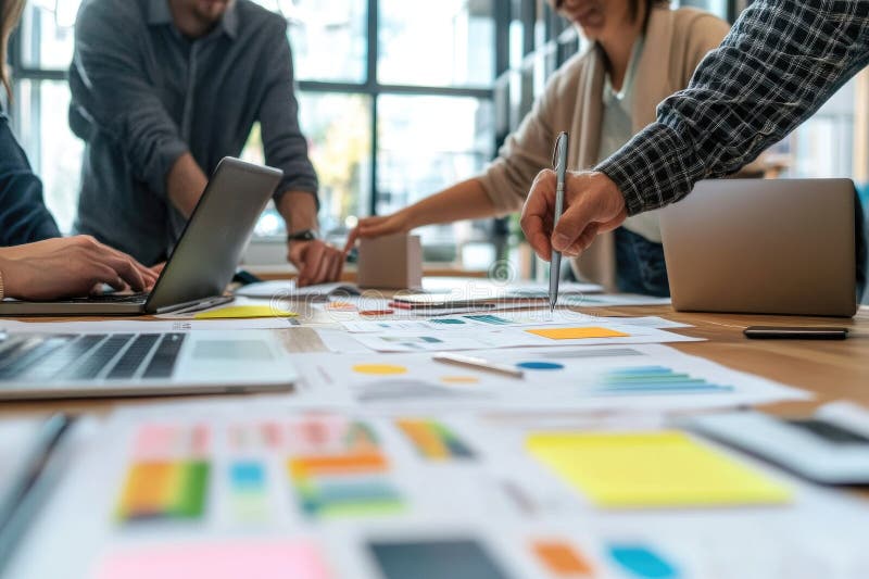 Team Analyzing Data with Laptops and Charts at Collaborative Meeting ...