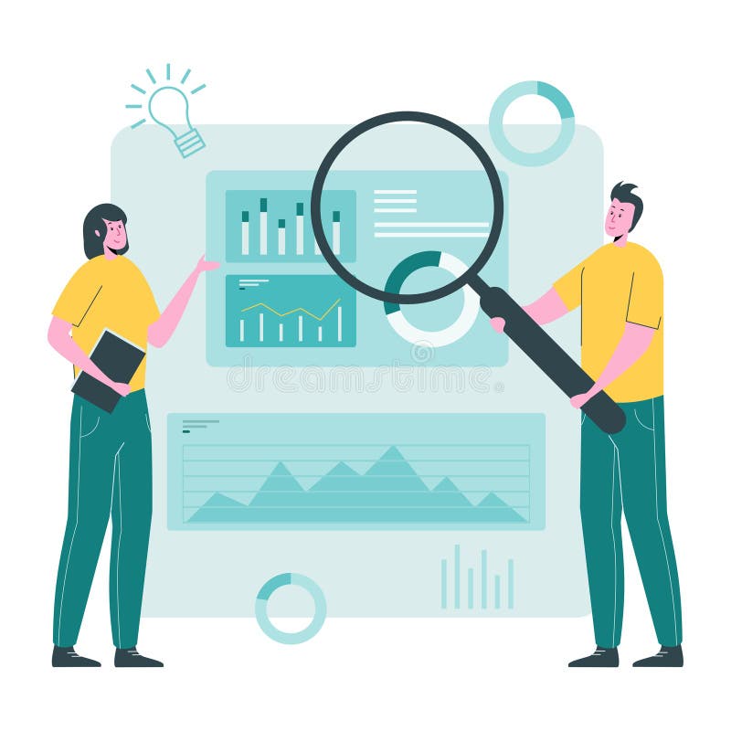 Team Analyzing Data Visualization with Magnifying Glass and Charts ...