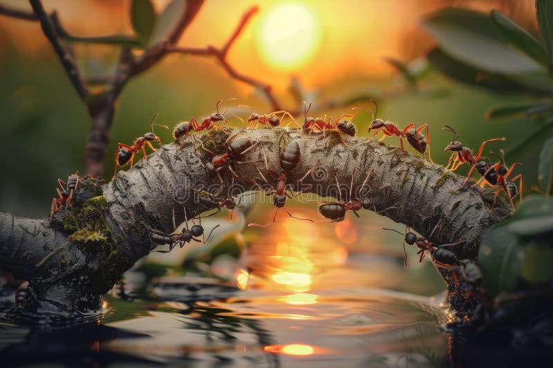 Team of Ants Constructing Bridge Over Water at Sunrise, Amazing Display ...