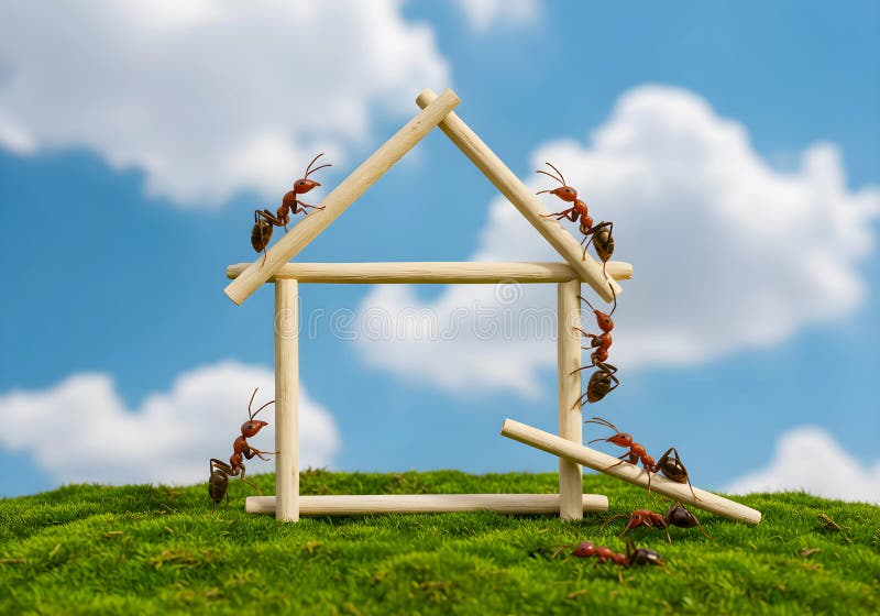 Ants Teamwork Building Wooden House Frame on Moss Under Blue Sky Stock ...
