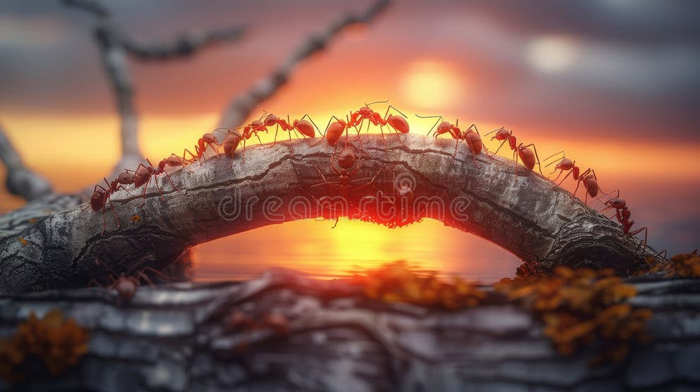 Teamwork Concept Ants Building Bridge at Sunset Stock Illustration ...