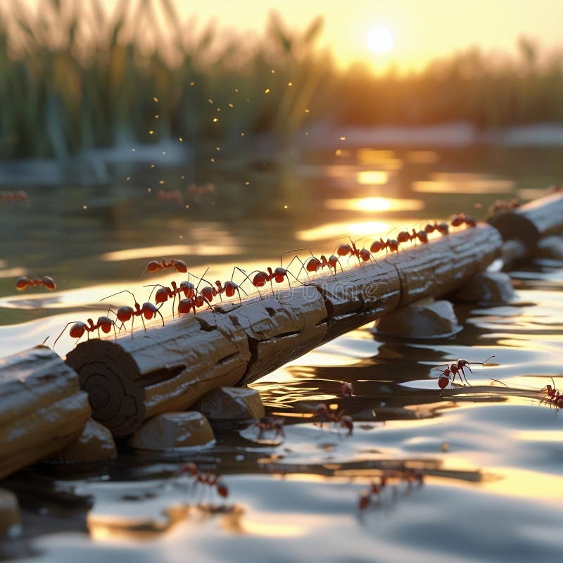Team Ants Working Together Construct Bridge Over Water Using Logs Stock ...