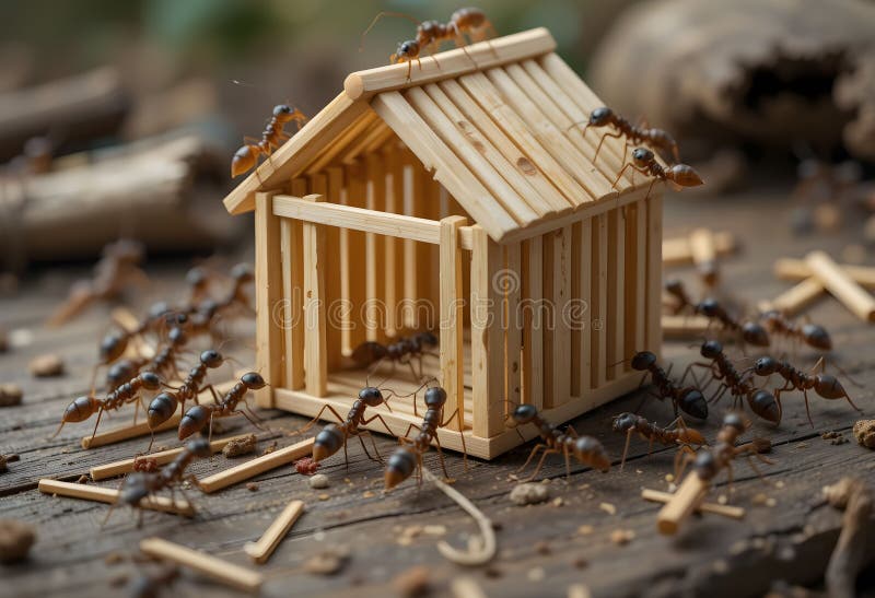A Team of Ants Working Together To Construct a Small Wooden House Using ...