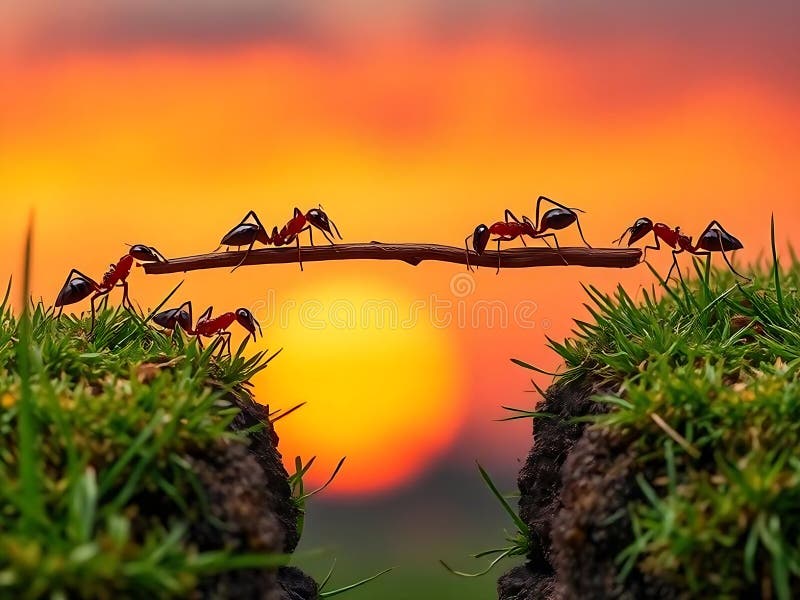 Ants Building a Bridge Over Water at Sunrise, Teamwork in Action Stock ...