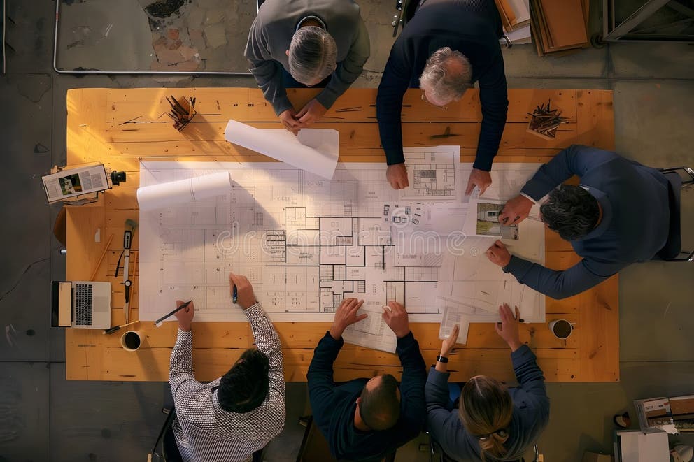 Team of Architects Collaboratively Designing Building Plans, Reviewing ...