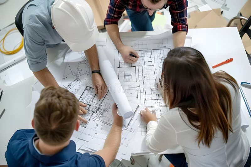 Team of Architects Collaboratively Designing Innovative Building Plans with Detailed Blueprints ...
