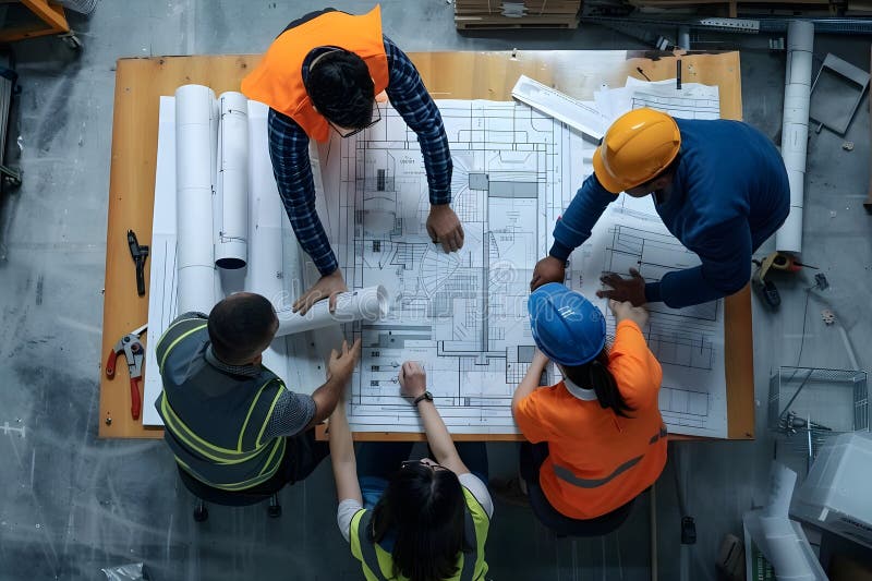 Team of Architects Collaboratively Reviews Building Blueprint Designs ...