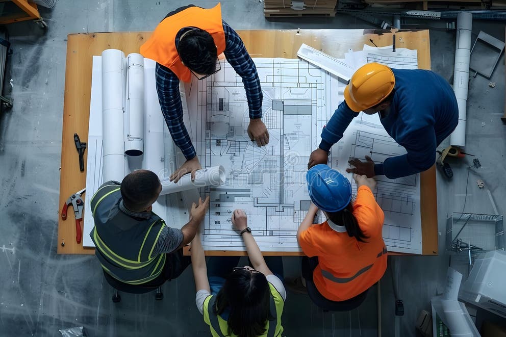 Team of Architects Collaboratively Reviews Building Blueprint Designs ...