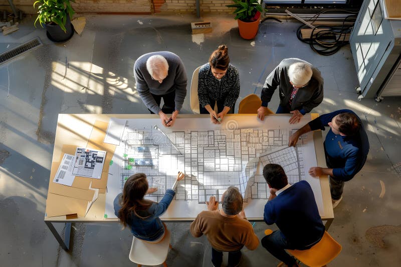 Team of Architects Collaboratively Reviews Building Blueprint Designs ...