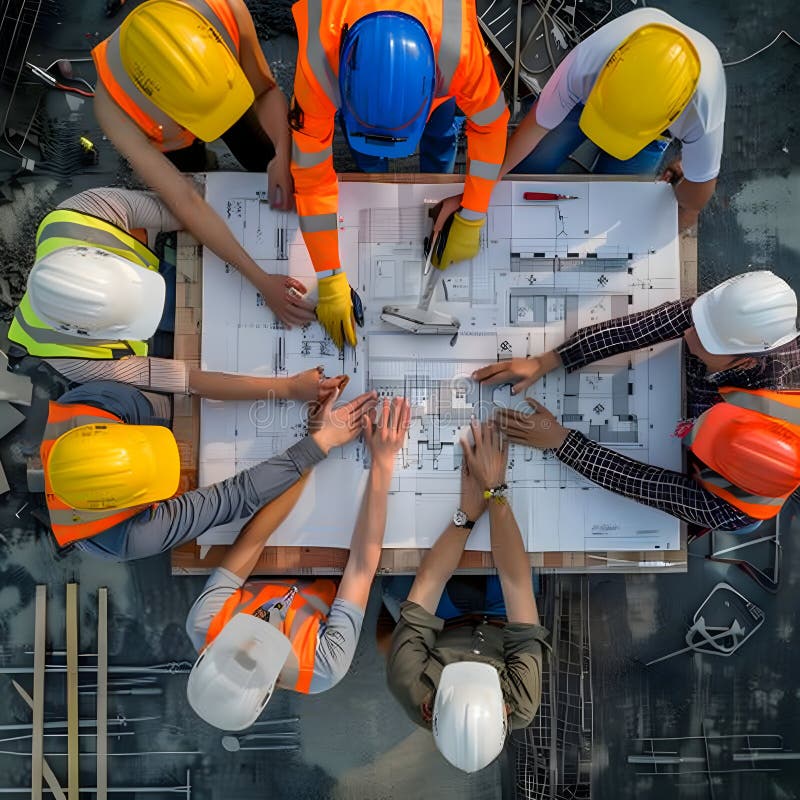 Team of Architects and Engineers Gathering Around Blueprint Discussing ...
