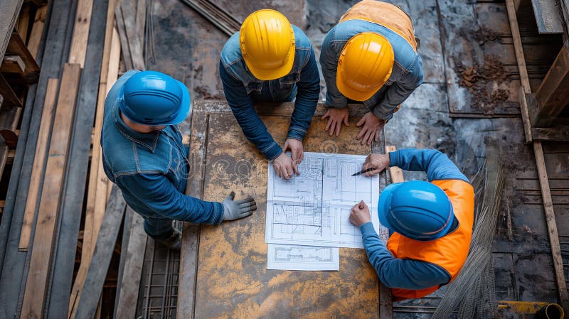 Team of Architects and Engineers Reviewing Blueprints at a Construction ...