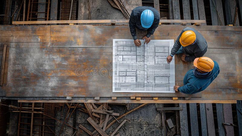 Team of Architects and Engineers Reviewing Blueprints at a Construction ...