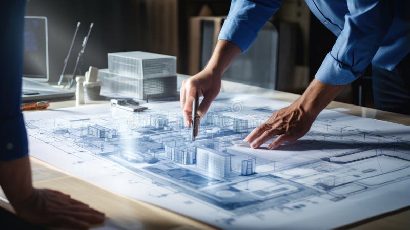 Team of Architects and Engineers Study a Blueprint of the Future Building. AI Generated Stock ...