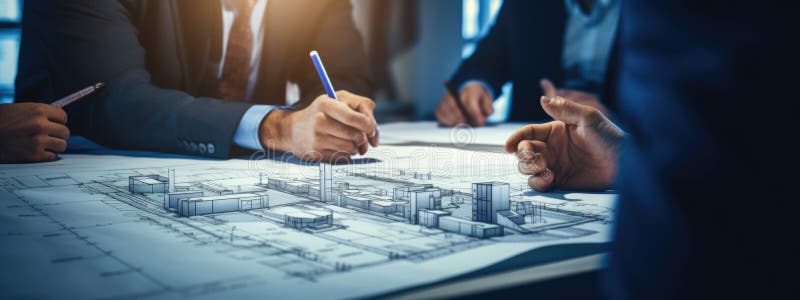 Team of Architects and Engineers Study a Blueprint of the Future ...