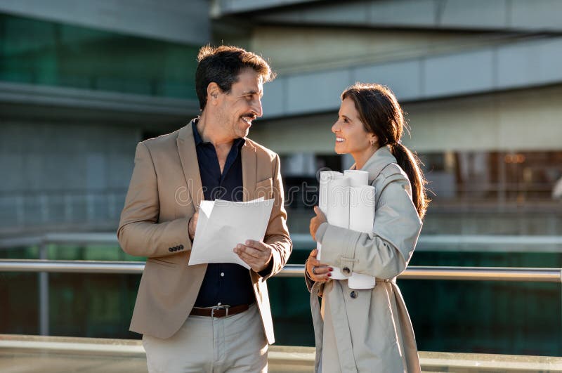 Team of Architects Middle Aged Man and Woman Have Conversation Stock ...