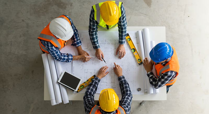 Team of Architects Reviewing Blueprint at Construction Site Stock ...