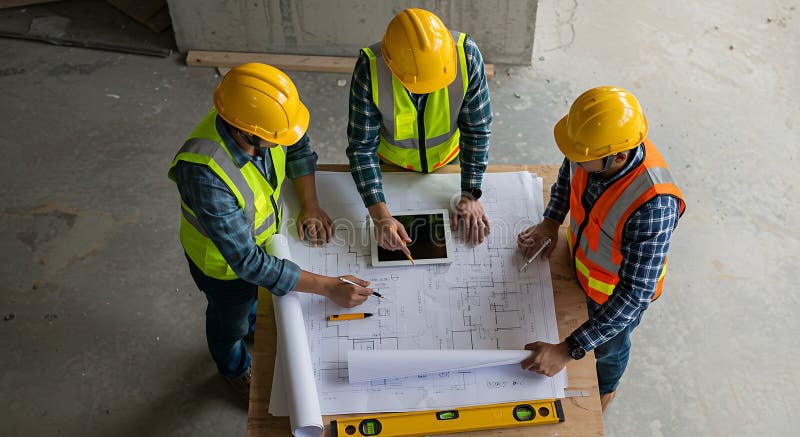 Team of Architects Reviewing Blueprint on Construction Site Stock ...