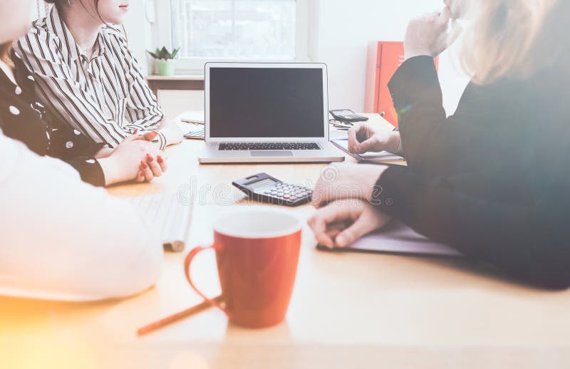 Team Around Notebook Computer with Copy Space on Screen Stock Photo ...