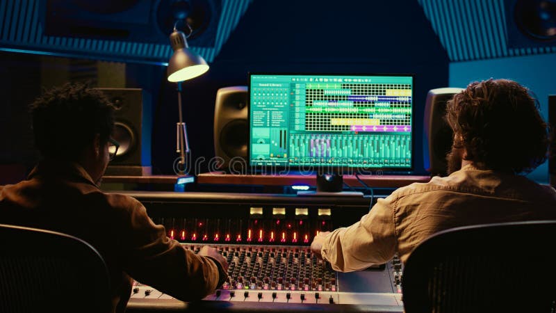 Team of Artist and Technician Editing Audio after Recording Session ...