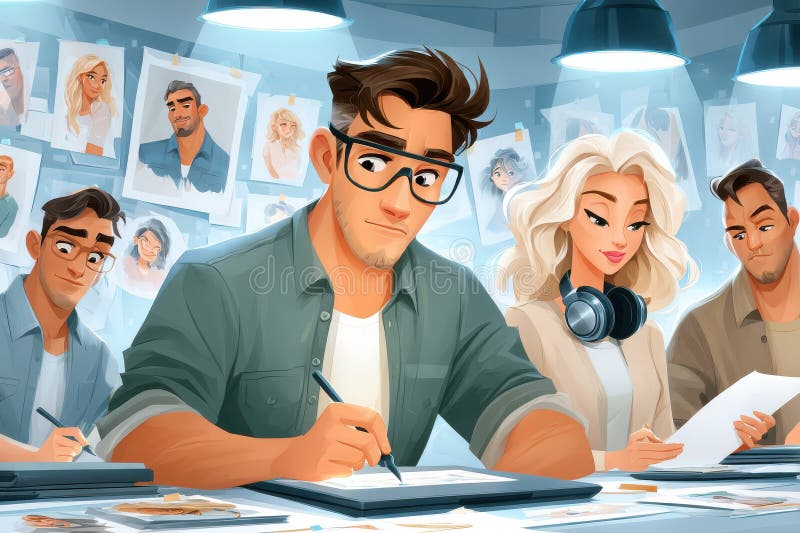 Team of Artists Brainstorming and Creating Illustrations in a Collaborative Workspace Stock ...