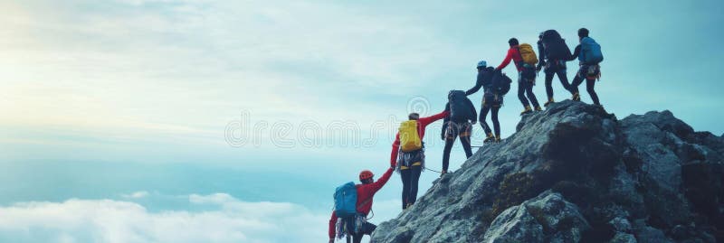 Team Ascends Mountain Peak, Climbing Together for Success Concept Theme ...
