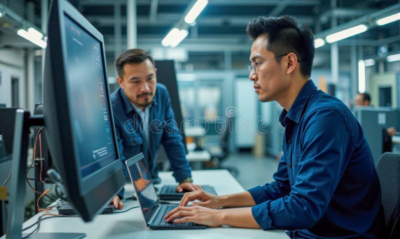 Team of Asian Specialists Engaged in Collaborative Project at Computer ...