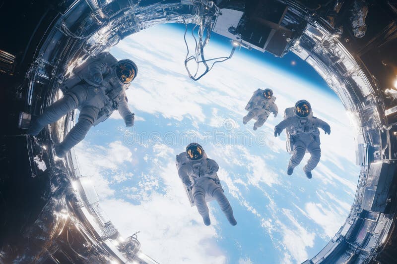 Astronauts Floating in Crystalline Space Station with Cosmos View Stock ...