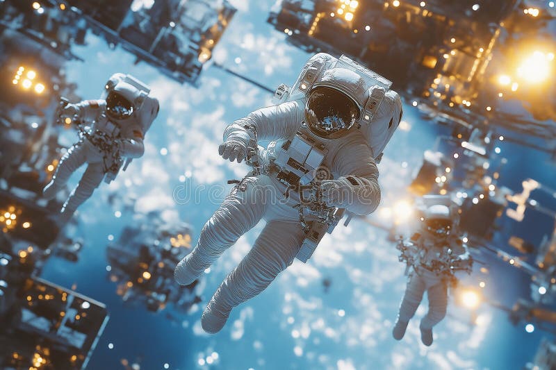 Astronauts Floating in Crystalline Space Station with Cosmos View Stock ...
