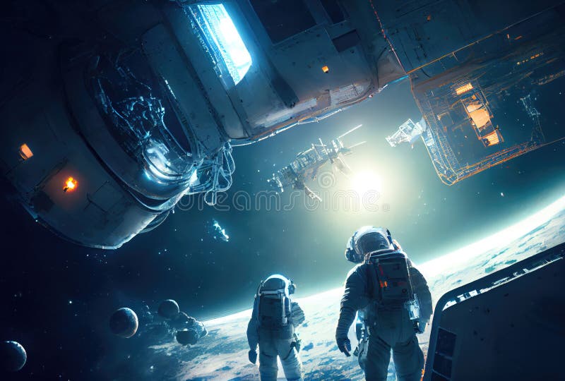 A Team of Astronauts Traveling in Space Inside a Spaceship with Nebula ...