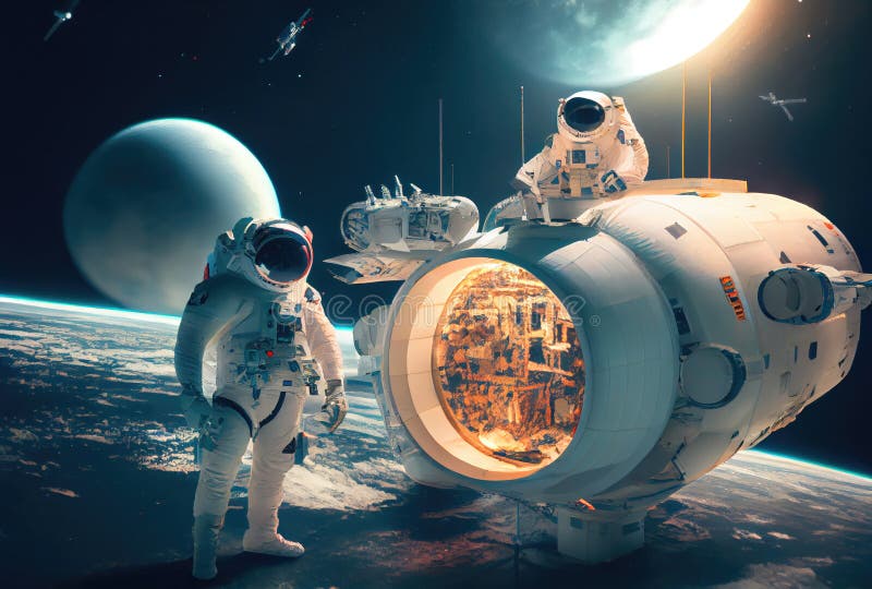 A Team of Astronauts Traveling in Space Inside a Spaceship with Nebula ...