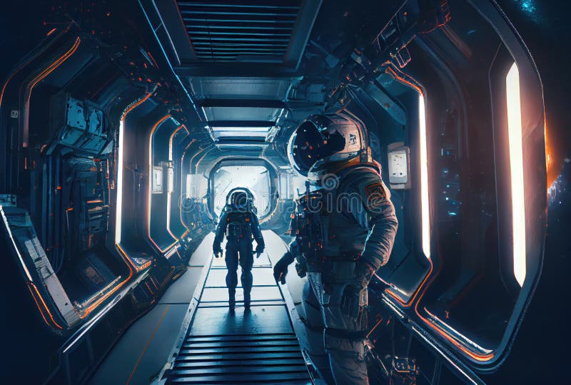 A Team of Astronauts Traveling in Space Inside a Spaceship with Nebula ...