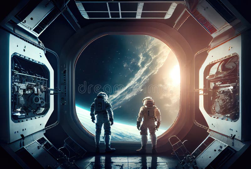 A Team of Astronauts Traveling in Space Inside a Spaceship with Nebula ...