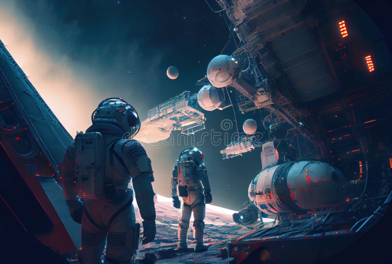 A Team of Astronauts Traveling in Space Inside a Spaceship with Nebula ...