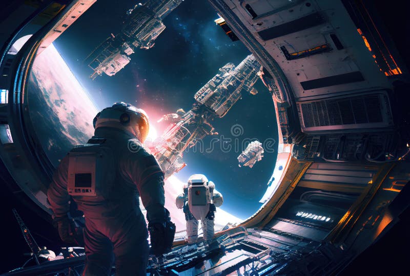 A Team of Astronauts Traveling in Space Inside a Spaceship with Nebula ...