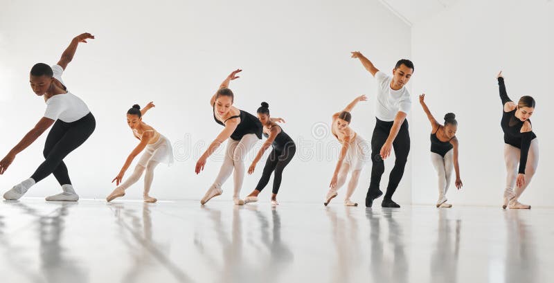 Team, Ballet Dancers and Class with Teacher for Performance, Routine or ...