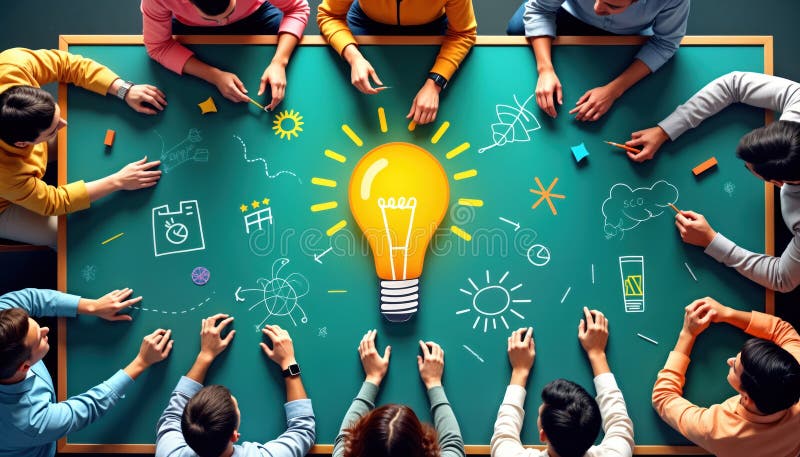 Team Brainstorm Session Around Green Board. Diverse Group of People ...