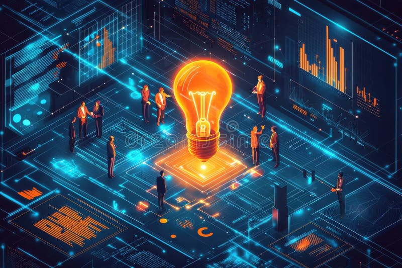 Team Brainstorming Around a Glowing Light Bulb in a Digital Environment ...