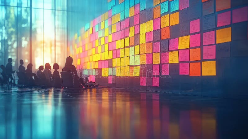Team Brainstorming Ideas, Colorful Notes Wall, Modern Office, Sunset ...